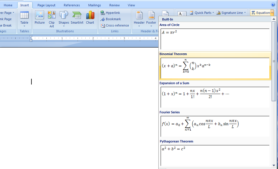 Insert a Common Equation from the Equations Gallery : Equation ... Insert a Common Equation from the Equations Gallery : Equation ...