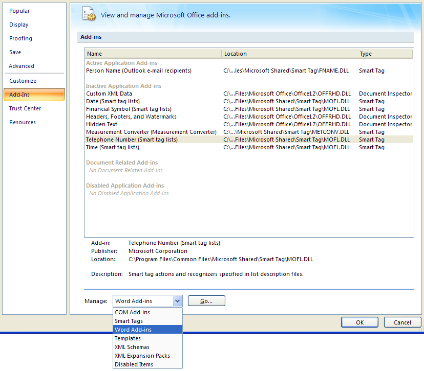 Manage Installed Add-ins : Word Add in « Controls ActiveX Macro ...