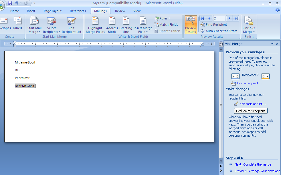 Preview Mail Merge « Mail Merge « Microsoft Office Word 2007 Tutorial Preview Mail Merge « Mail Merge « Microsoft Office Word 2007 Tutorial